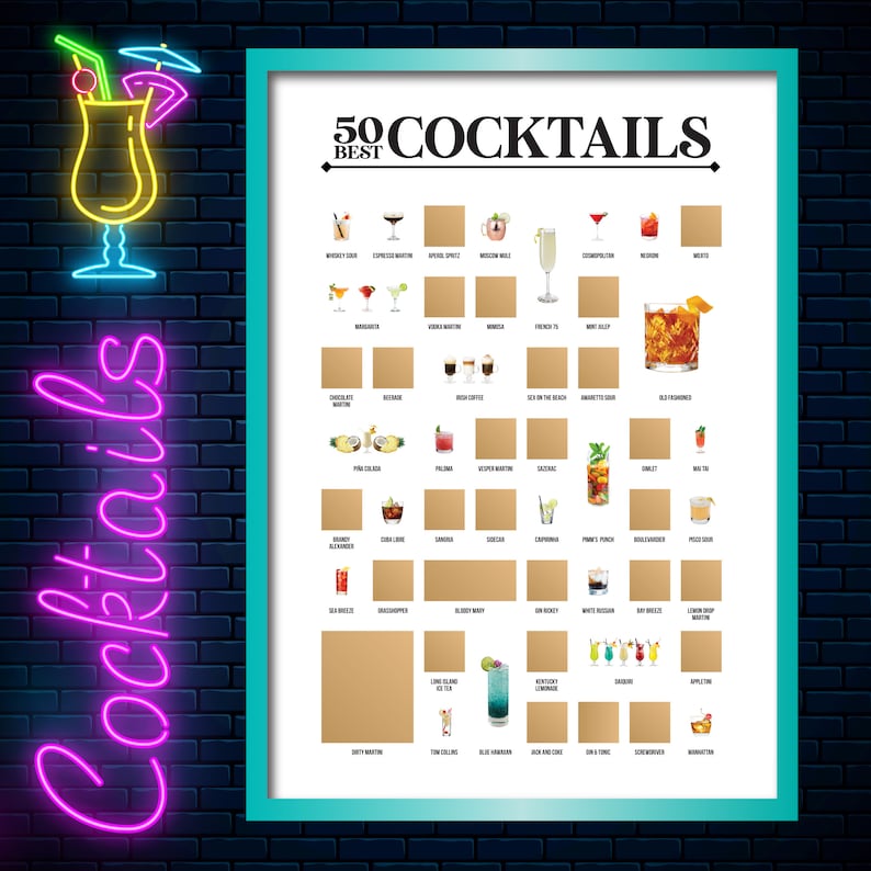 50 Best Cocktails Scratch off Poster, Craft Cocktail Art, Home Bar ...