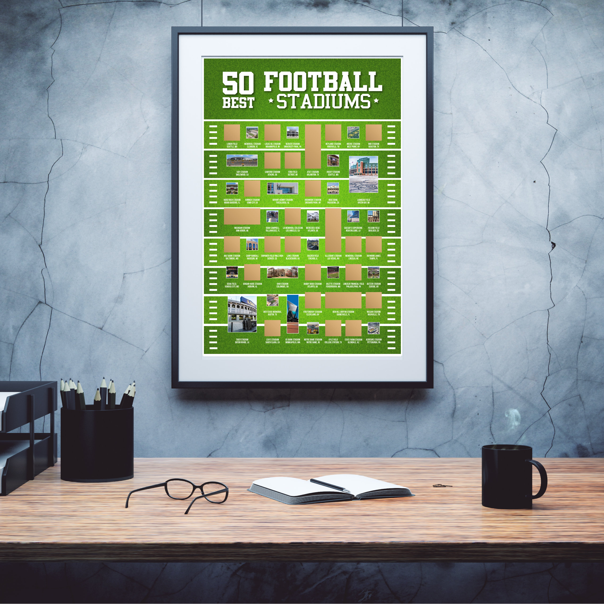 50 Best Football Stadiums Scratch off Poster, Football Stadium Bucket ...