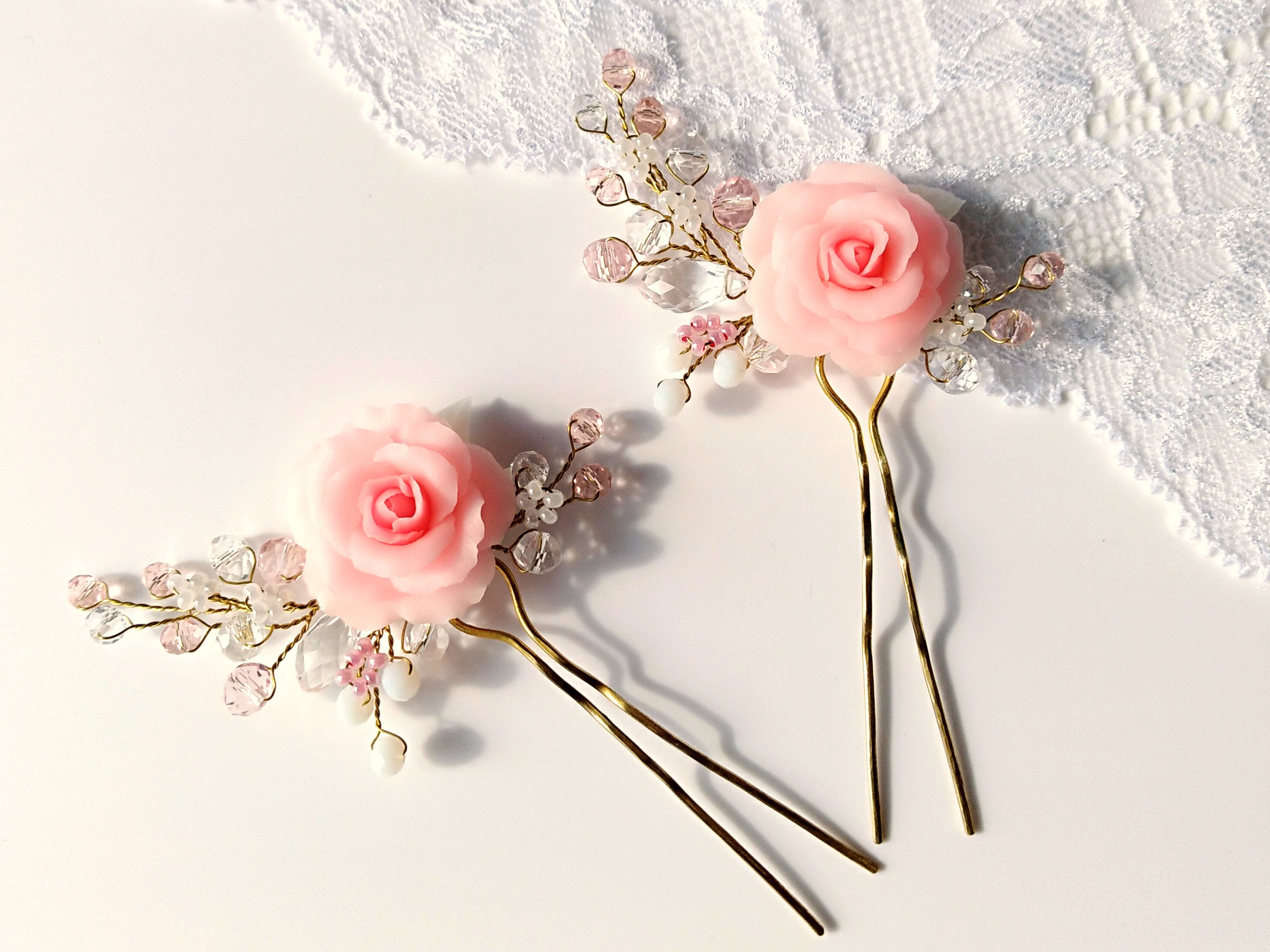 Pink Rose Hair Pin Blush Flower Hair Clip Crystal Vine Accessories for ...