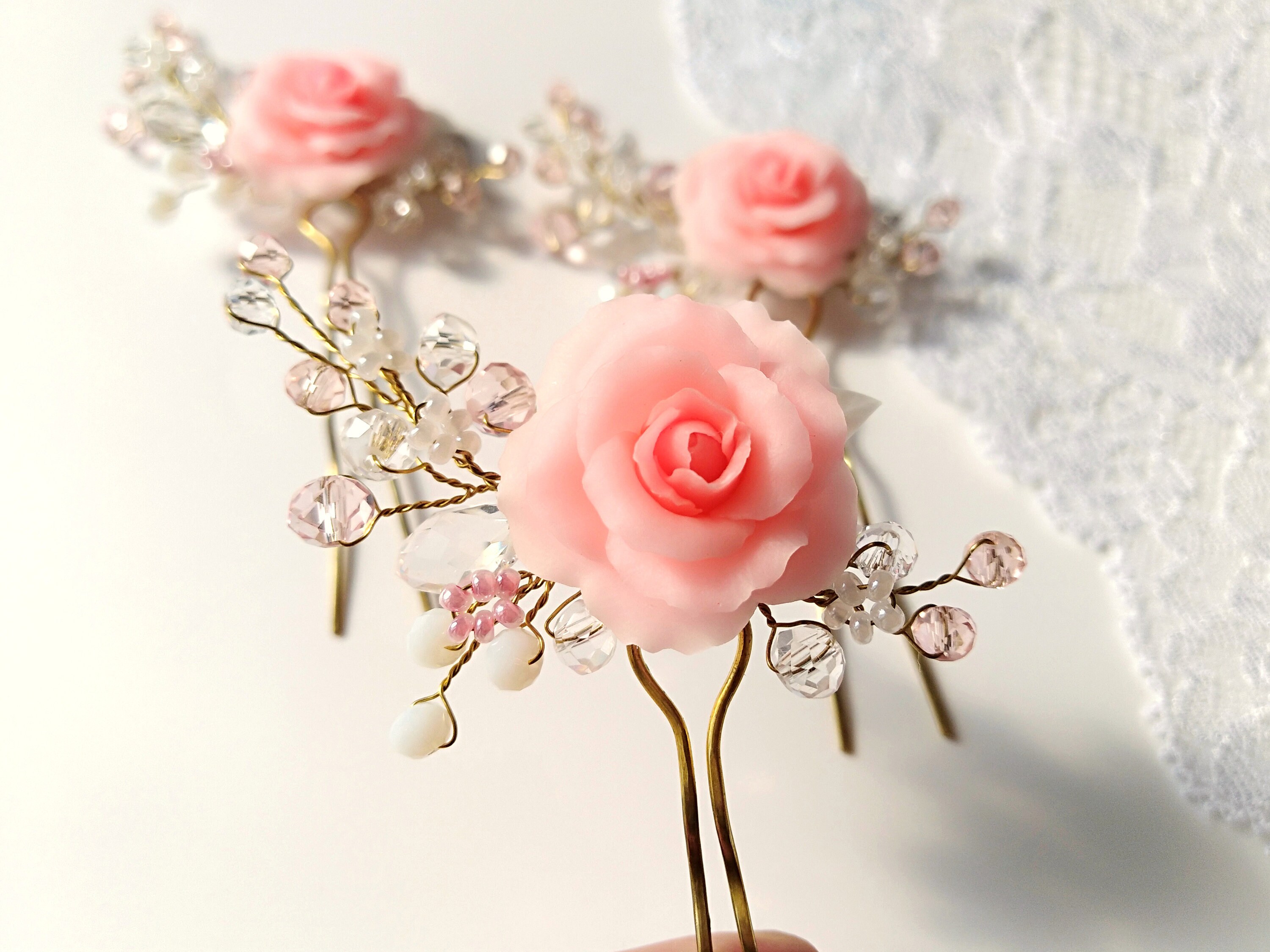 Pink Rose Hair Pin Blush Flower Hair Clip Crystal Vine Accessories for ...