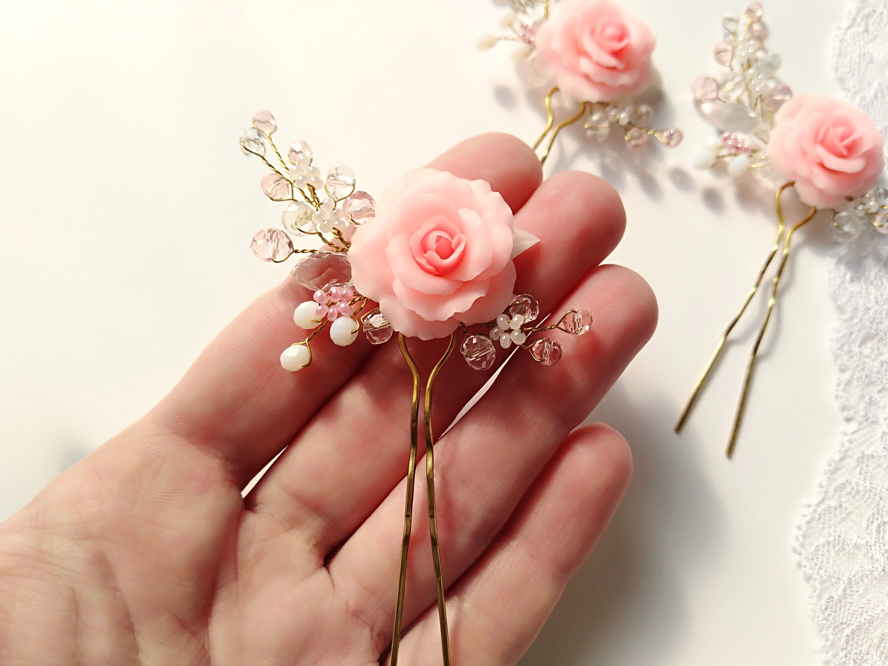 Pink Rose Hair Pin Blush Flower Hair Clip Crystal Vine Accessories for ...