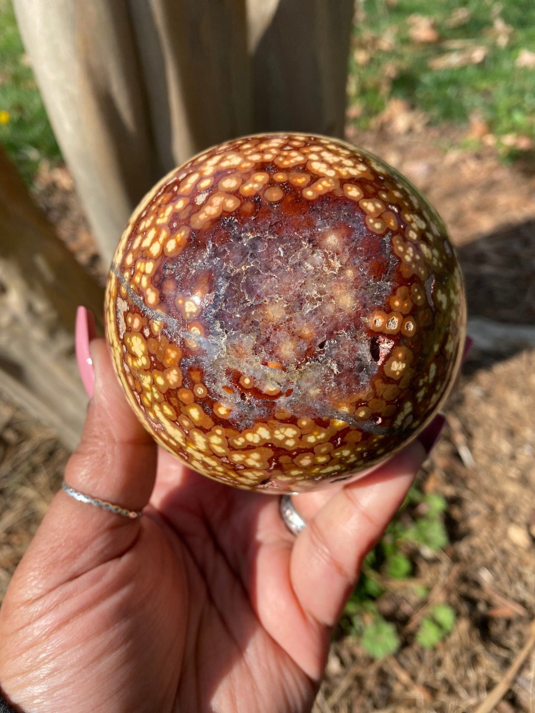 Large Earthy Golden Yellow Orbicular Ocean Jasper Sphere With Quartz ...