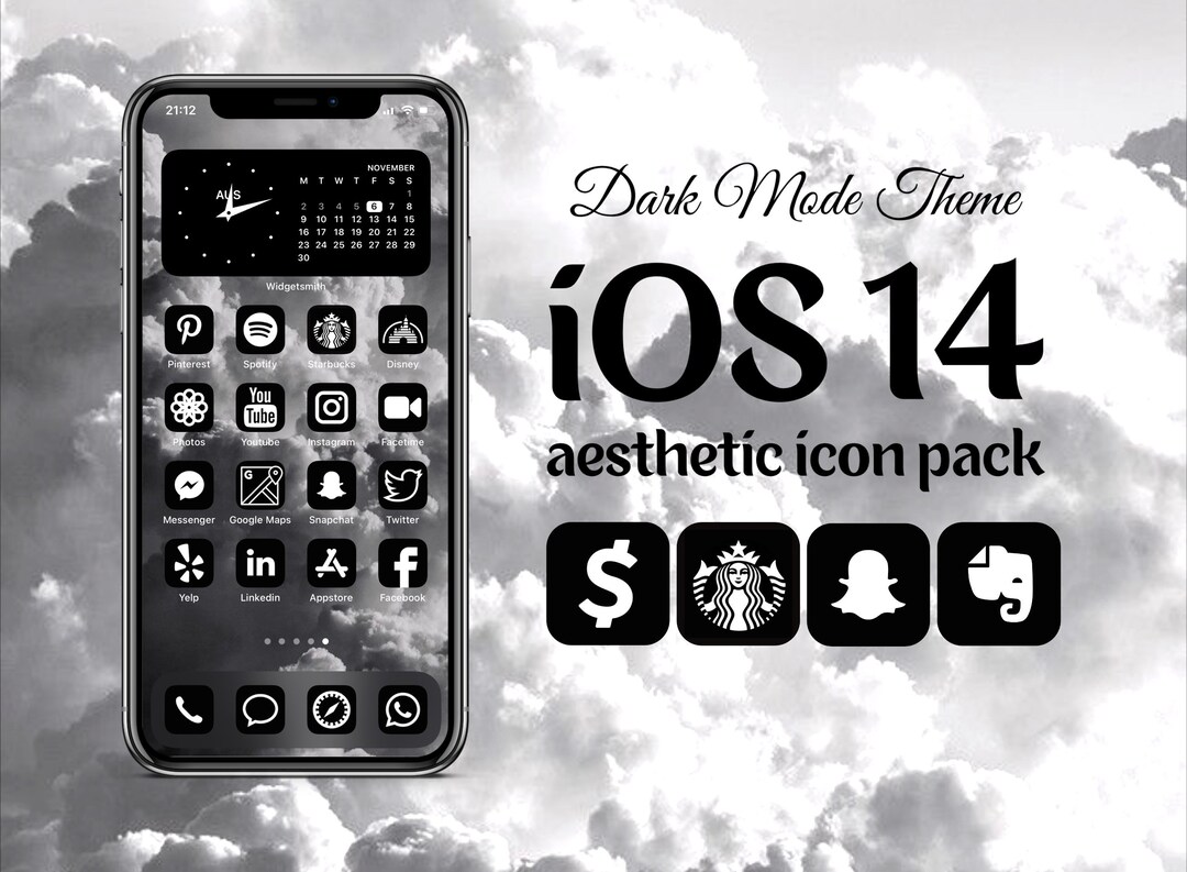 IOS 14 Dark Mode Theme, Aesthetic App Icon Pack for Iphone, 175 Black ...