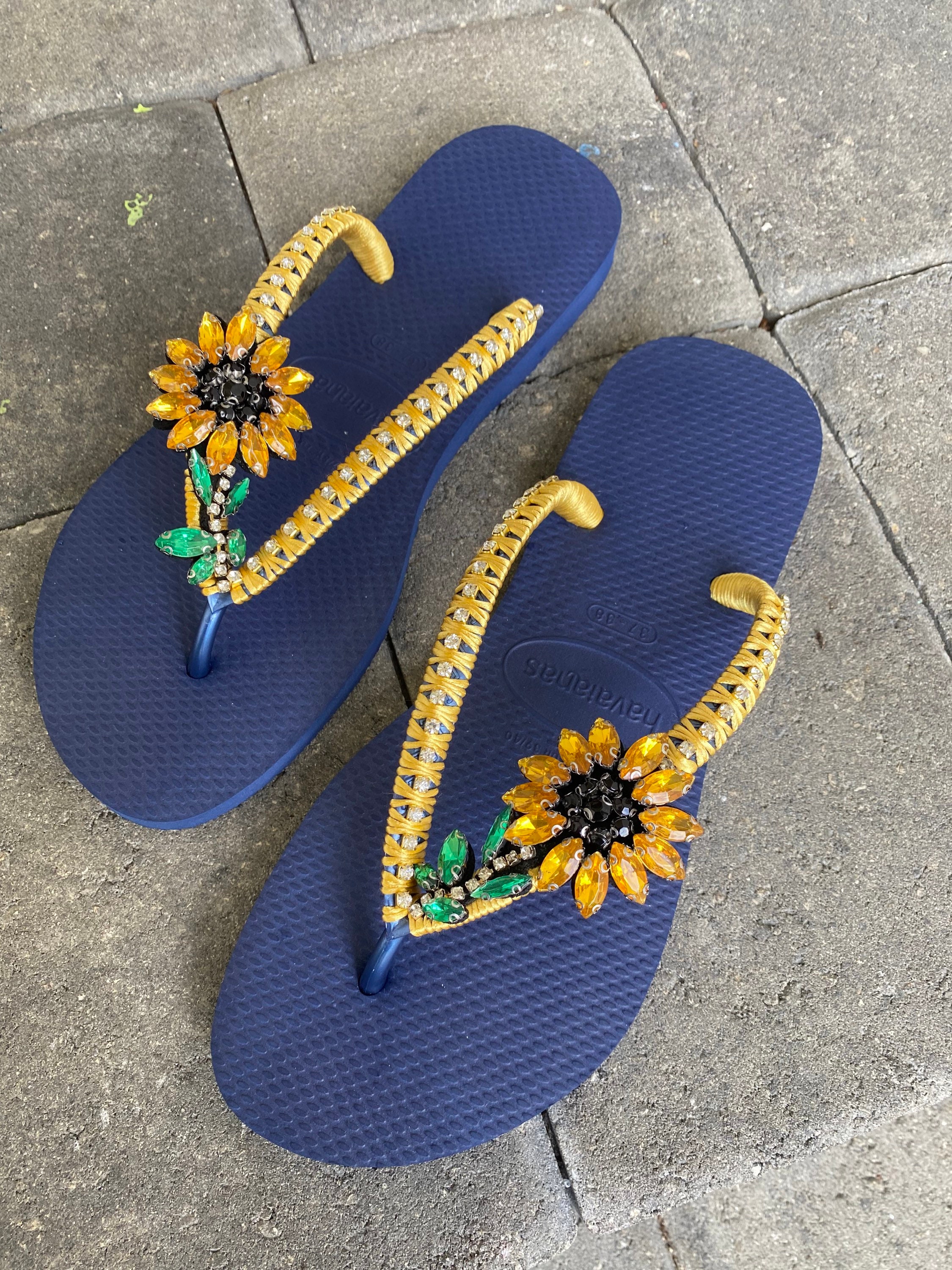 Sunflower on Navy Blue Sandals, Custom Flip Flops, Anchor, Bling, Shoe ...