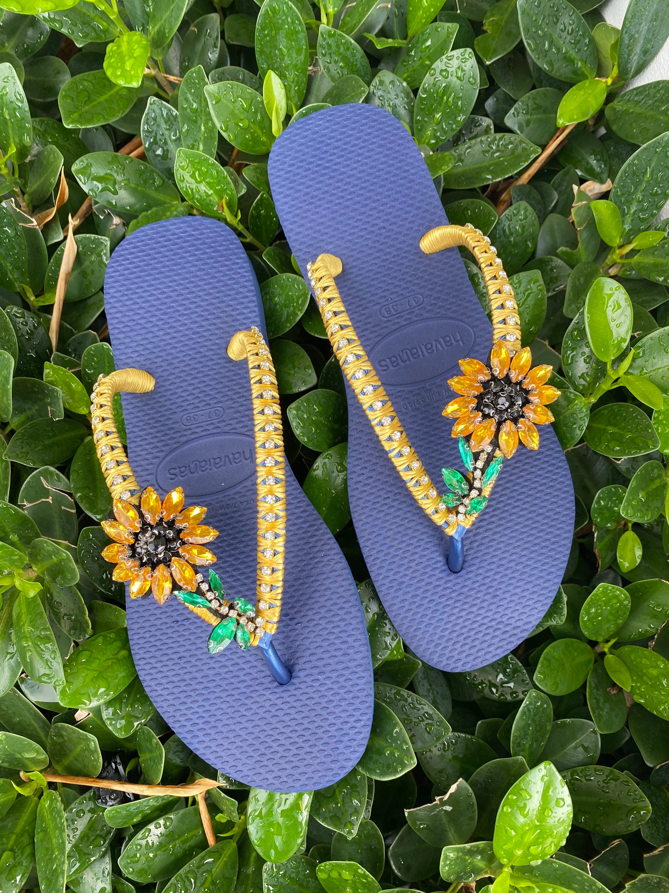 Sunflower on Navy Blue Sandals, Custom Flip Flops, Anchor, Bling, Shoe ...