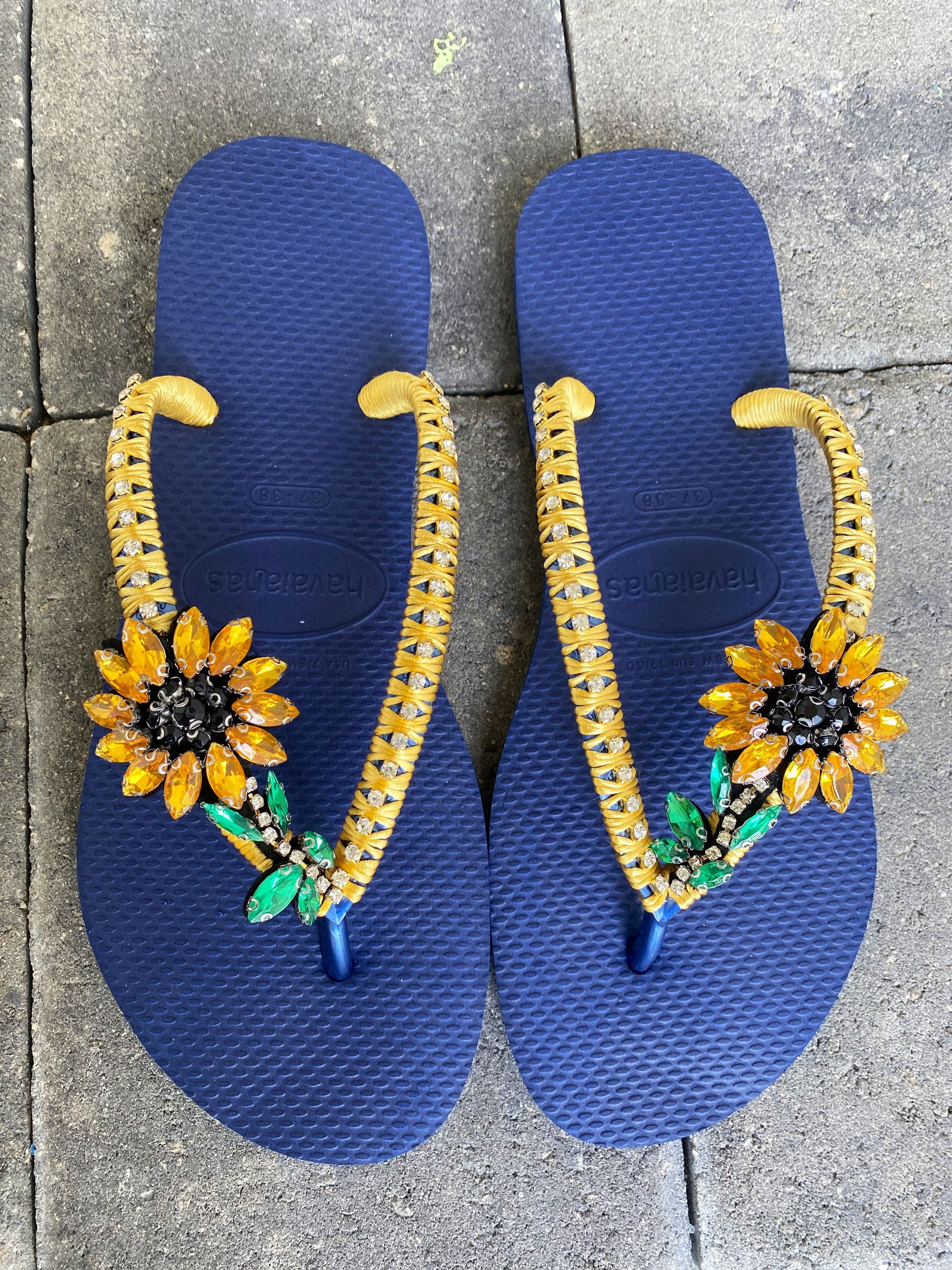 Sunflower on Navy Blue Sandals, Custom Flip Flops, Anchor, Bling, Shoe ...