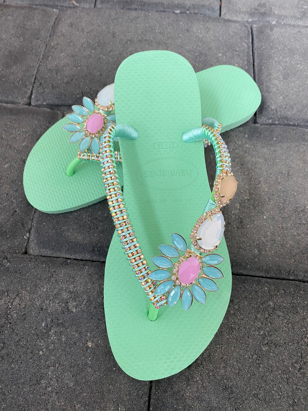 Mint Green Bridal Flip Flops: Pearl & Rhinestone Wedding Sandals - Etsy