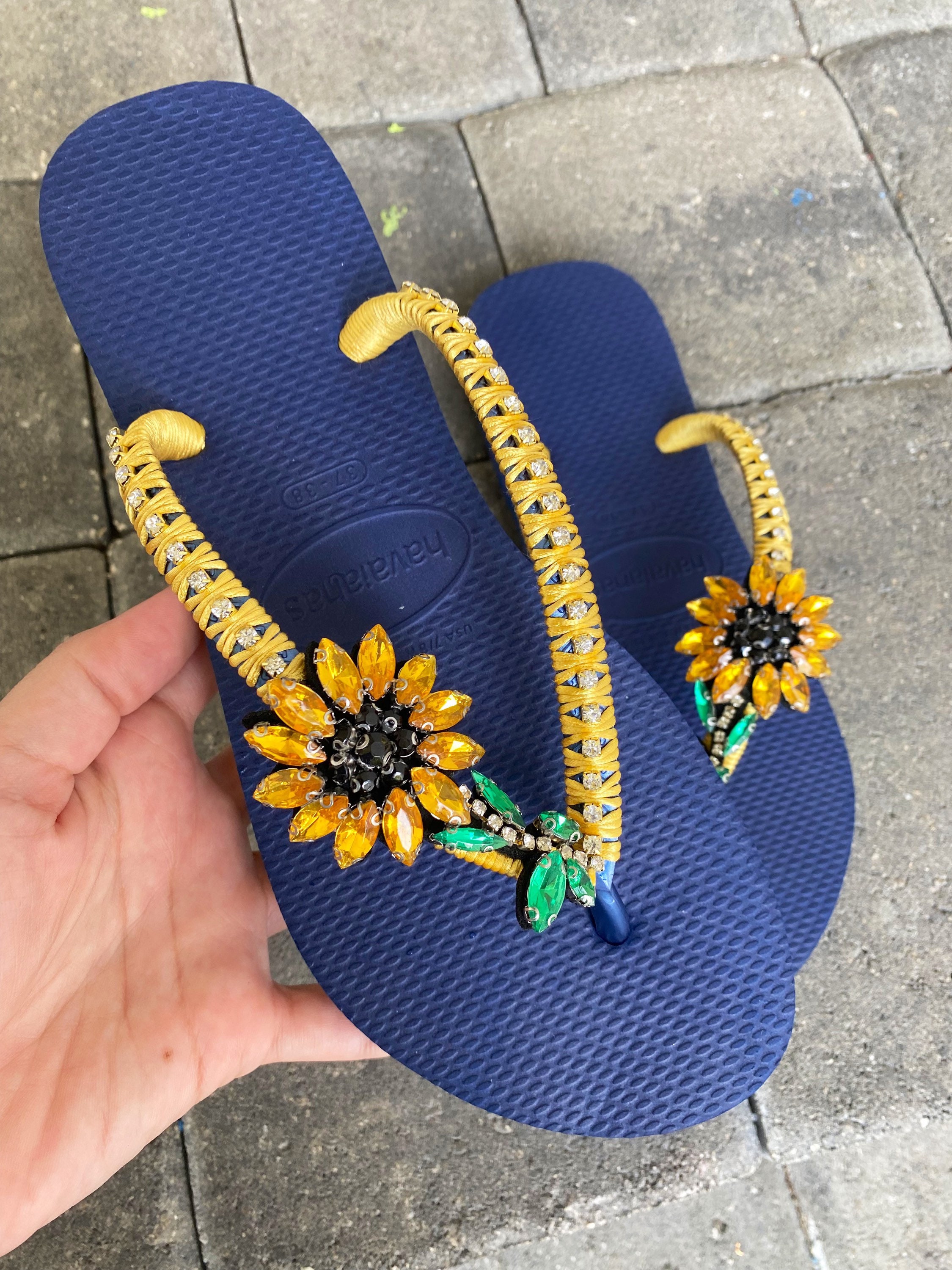 Sunflower on Navy Blue Sandals, Custom Flip Flops, Anchor, Bling, Shoe ...