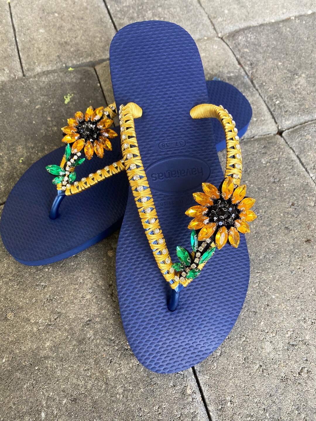 Sunflower on Navy Blue Sandals, Custom Flip Flops, Anchor, Bling, Shoe ...