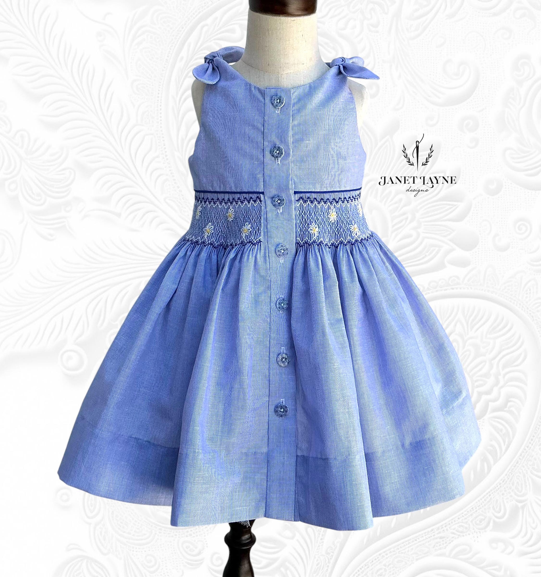 Smocked Blue Daisy Dress - Hand Smocked Sundress - Smocked ...