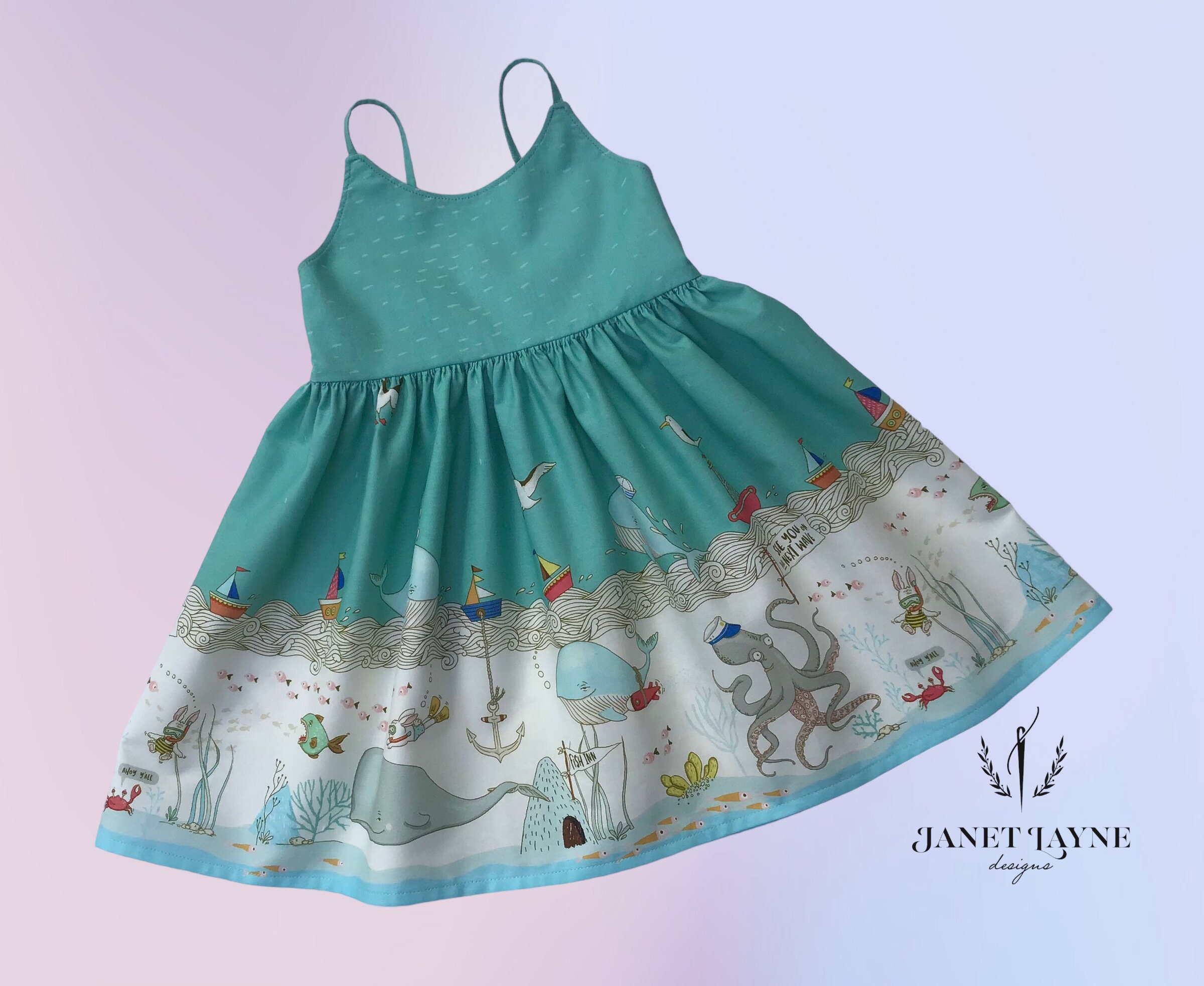 Beach Sundress Beach Border Print Sea Creatures Dress Girl's Beach ...