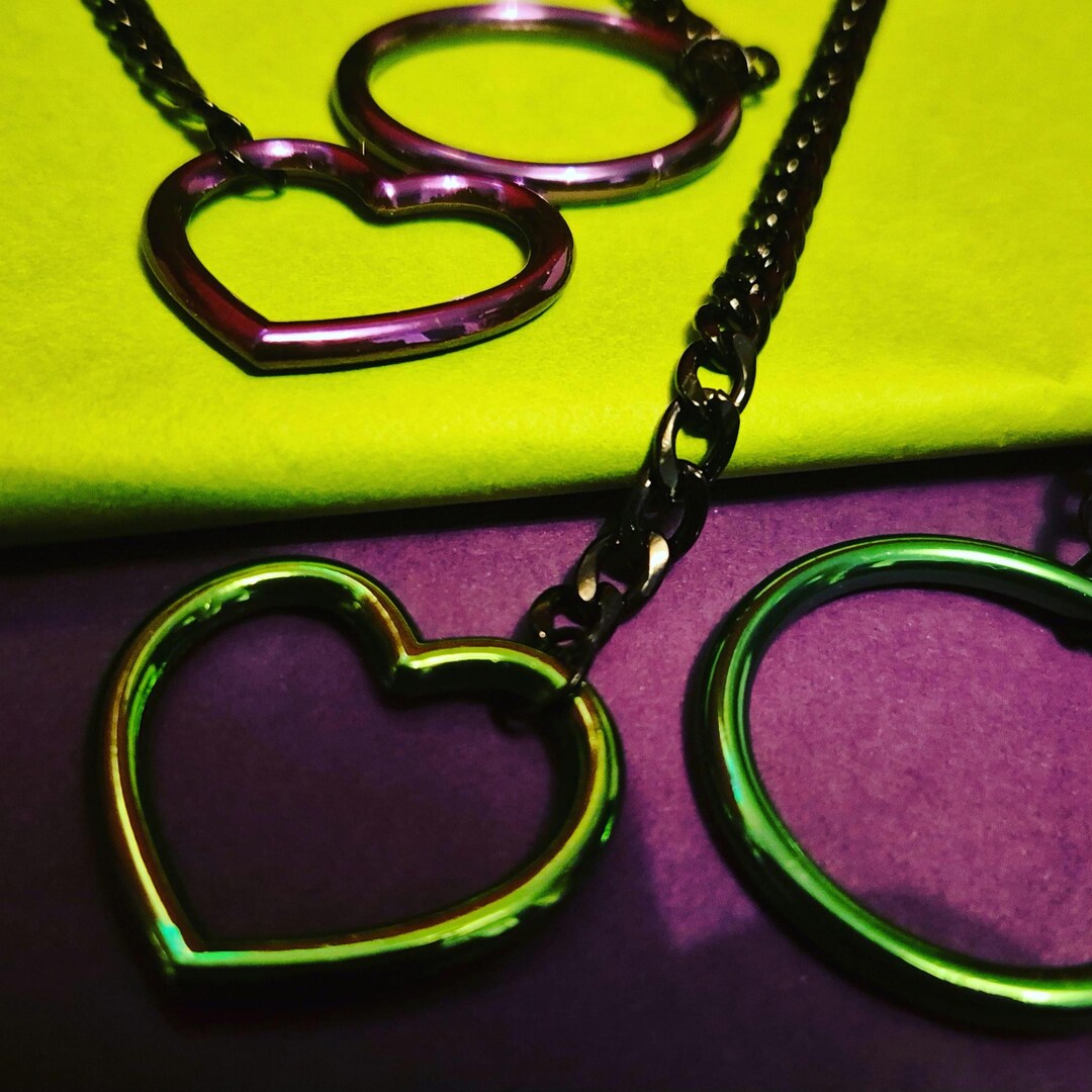 Lydia, Choke Chain Black Slip Chain Necklace, Green or Purple Heart and ...