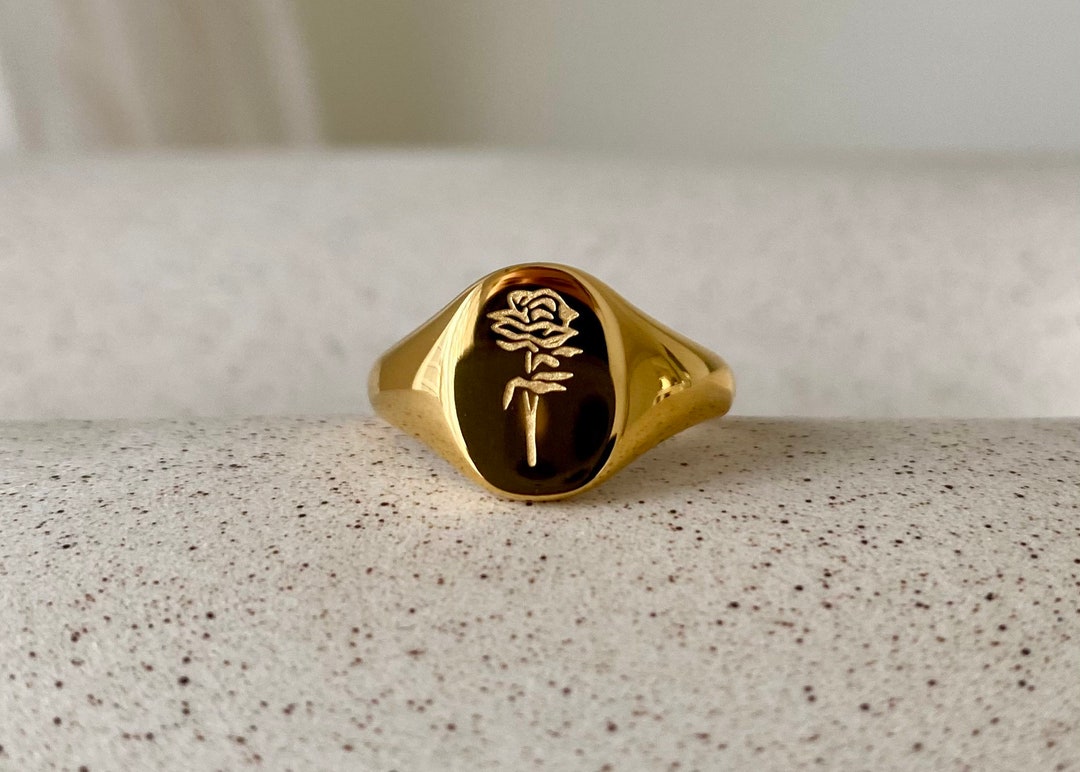 ROSA - Engraved Rose Signet Ring. Chunky Statement, 18k Gold Plated ...