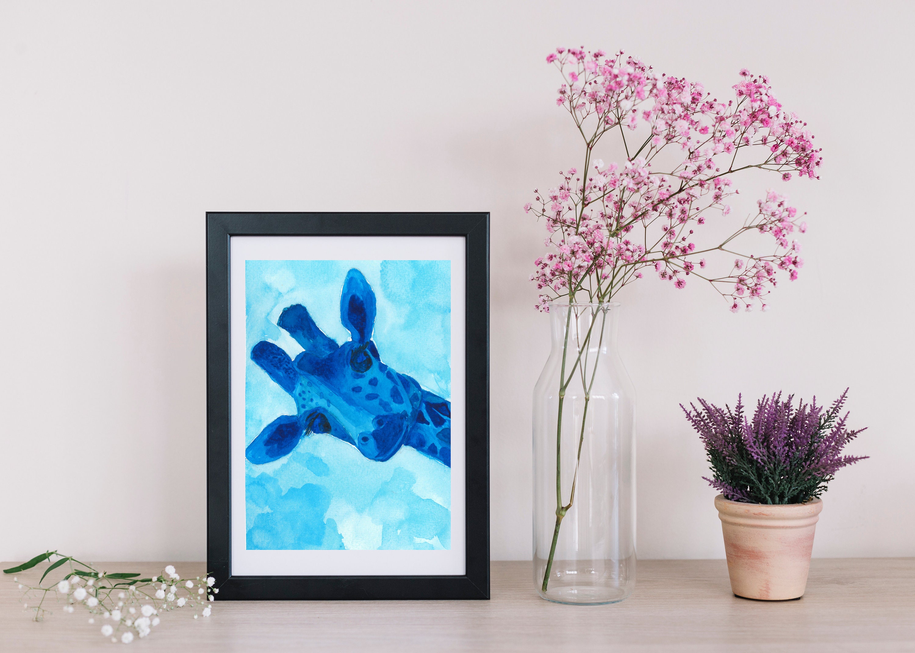 Blue Giraffe Watercolor Painting, Monochrome Art Print - Etsy