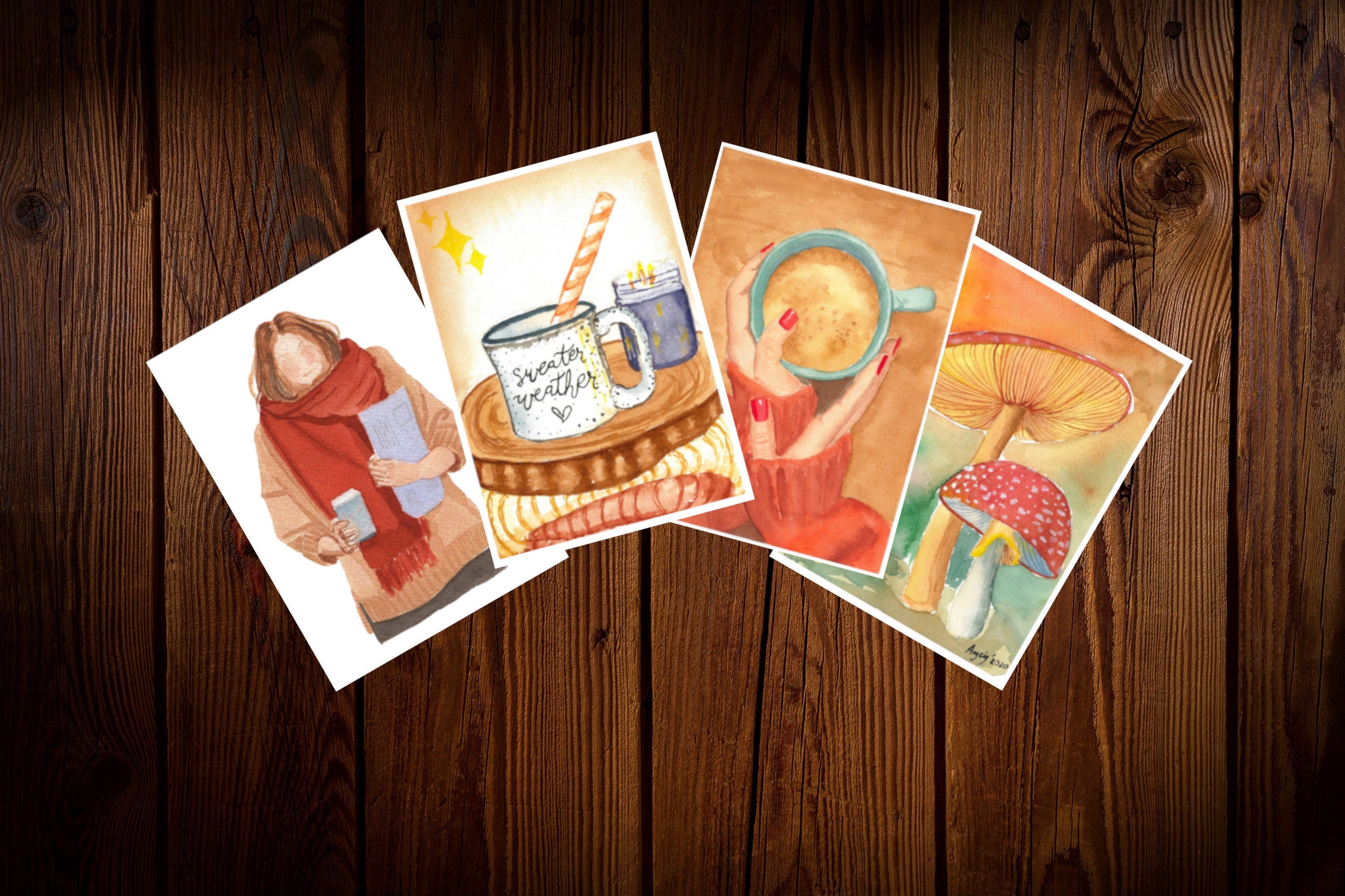 Autumn Aesthetic Postcards, Set 4 Fall Postcards in A6 Size, Watercolor ...