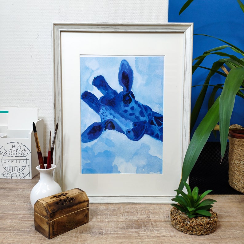 Blue Giraffe Watercolor Painting, Monochrome Art Print - Etsy