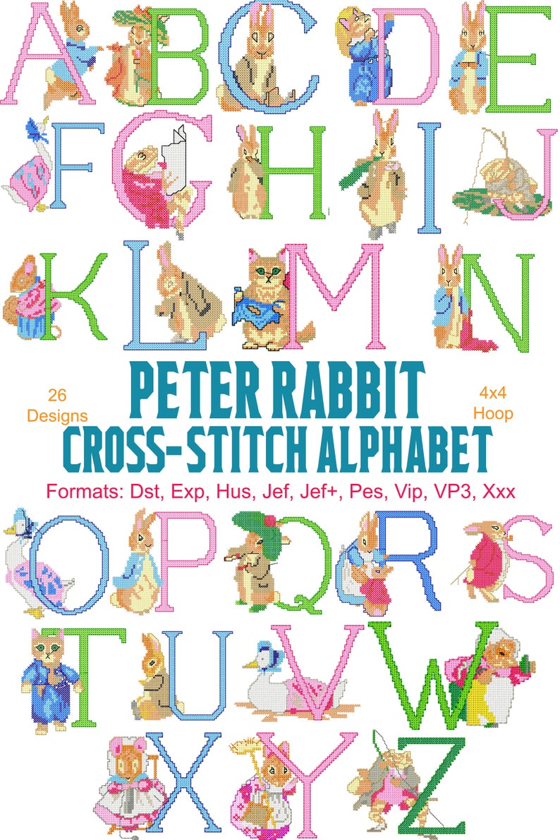 Peter Rabbit Cross Stitch Alphabet Machine Embroidery, 26 Designs ...