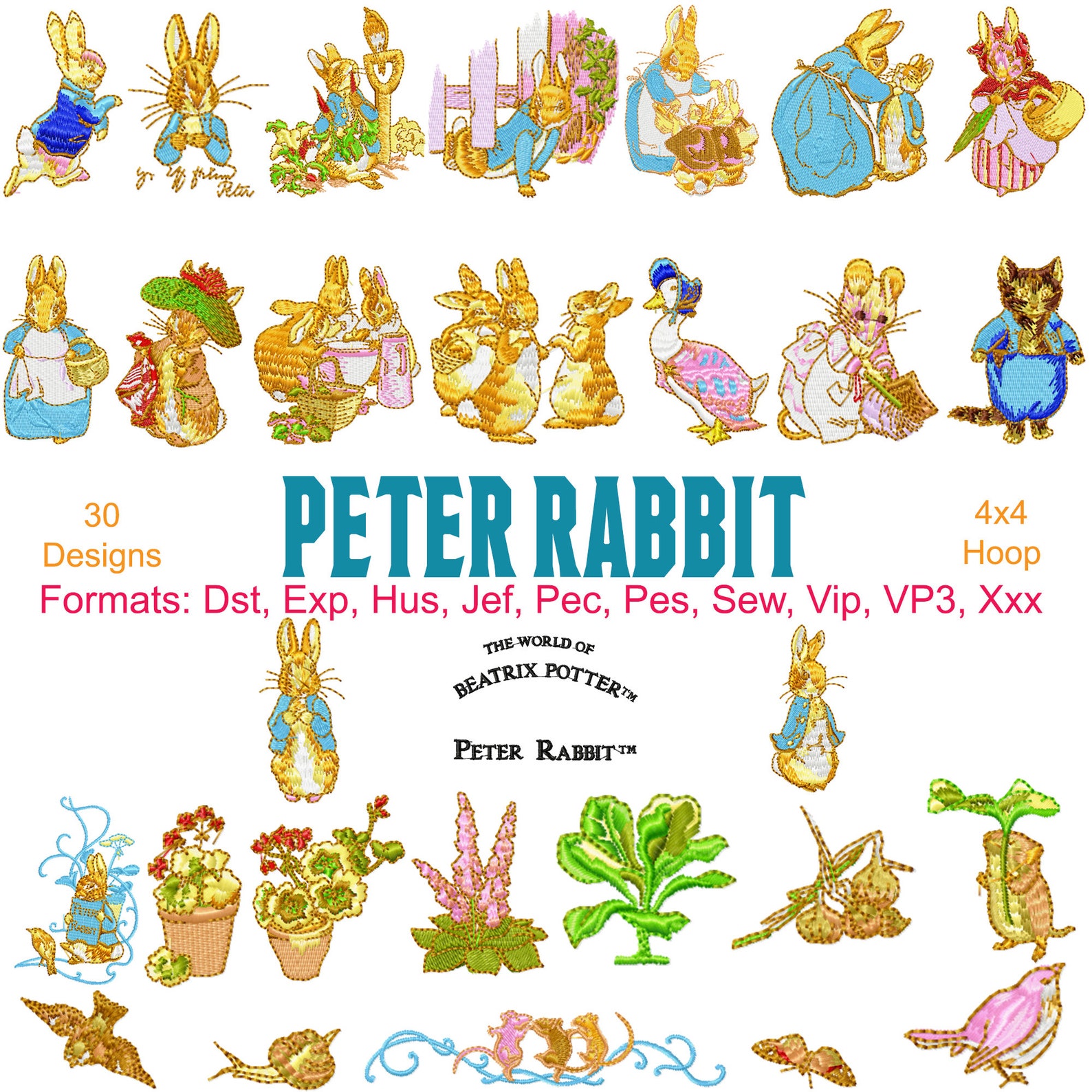 Peter Rabbit Machine Embroidery, 30 Designs, Beatrix Potter Embroidery ...