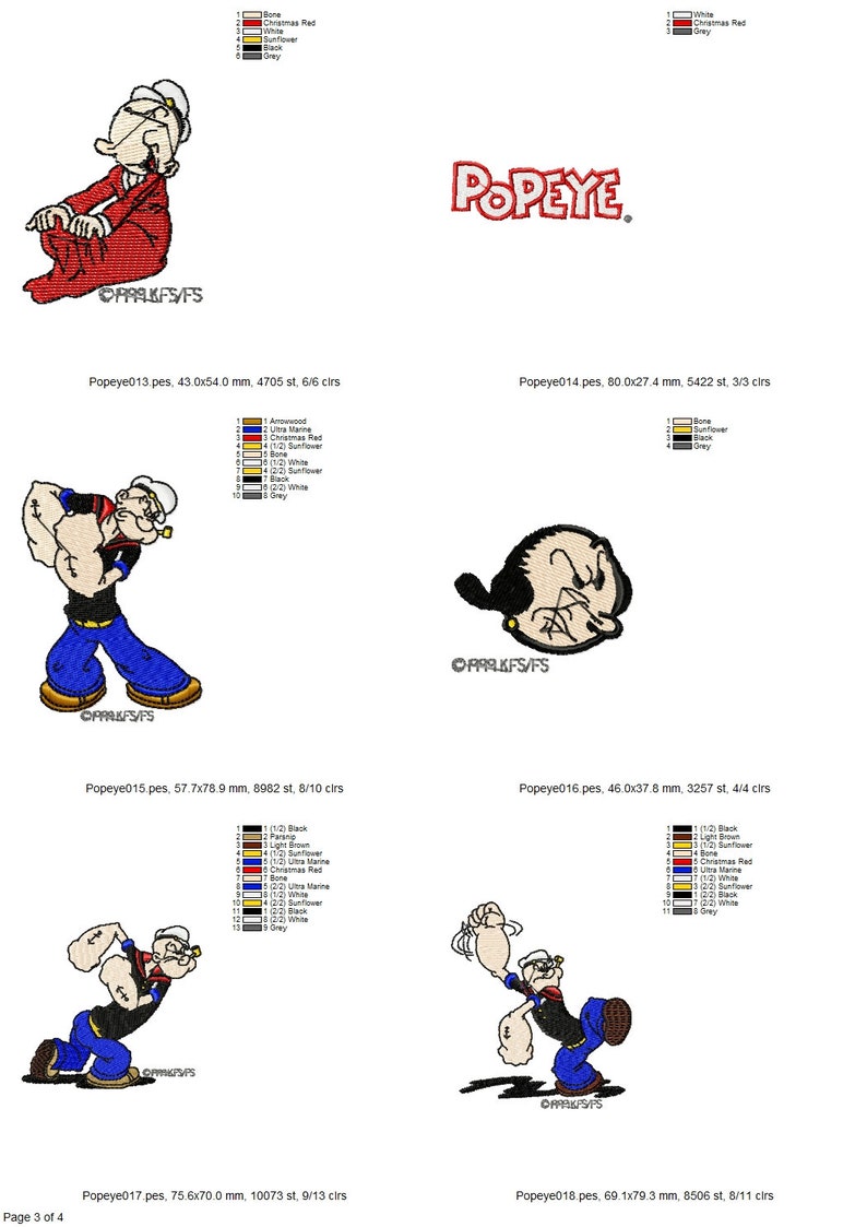 Popeye Embroidery Machine Files, 23 Designs, 4 Inch Hoop, Olive Oyl ...