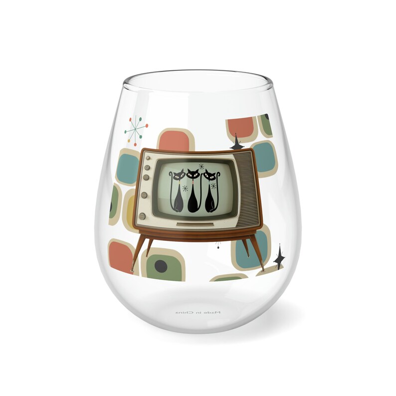 MCM, Mid Century Modern Atomic Cat Stemless Wine Glass, 11.75oz Retro ...