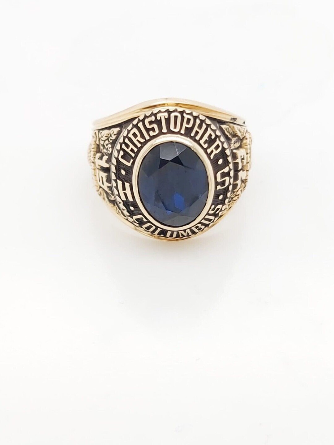 10k Yellow Gold Christopher Columbus 1973 High School Ring With Blue ...