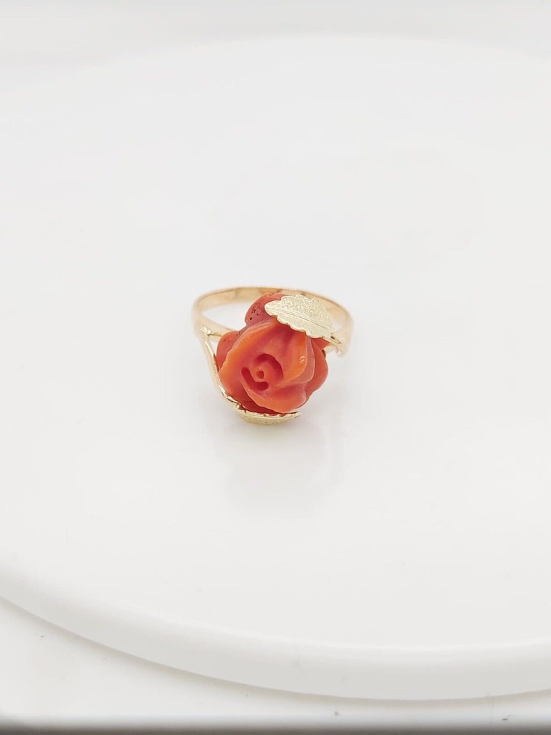 18k Yellow Gold Vintage Rose Shape Coral Flower Ring - Etsy