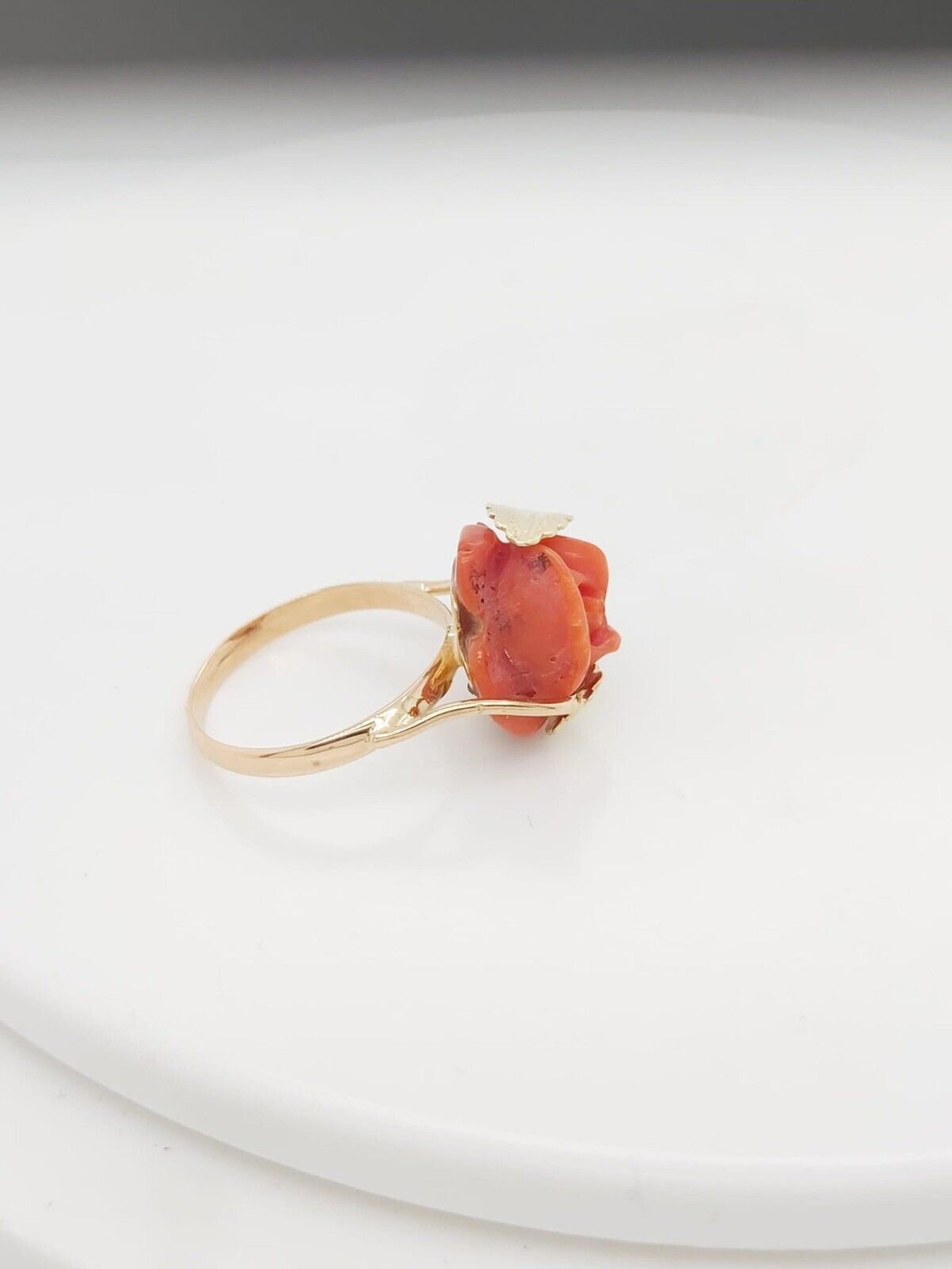 18k Yellow Gold Vintage Rose Shape Coral Flower Ring - Etsy
