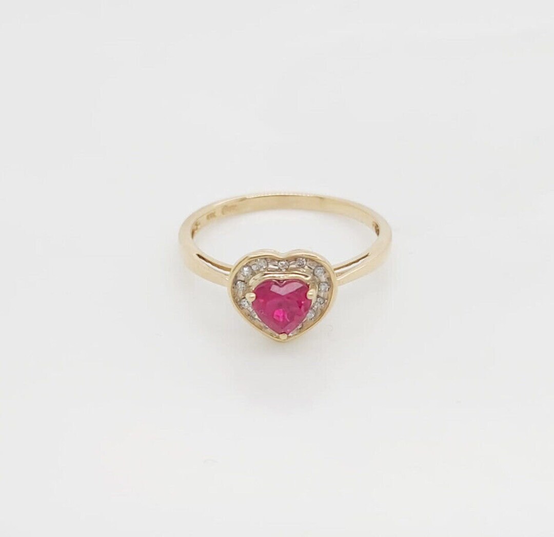 10k Yellow Gold Heart Shape Diamond & Ruby Ring - Etsy