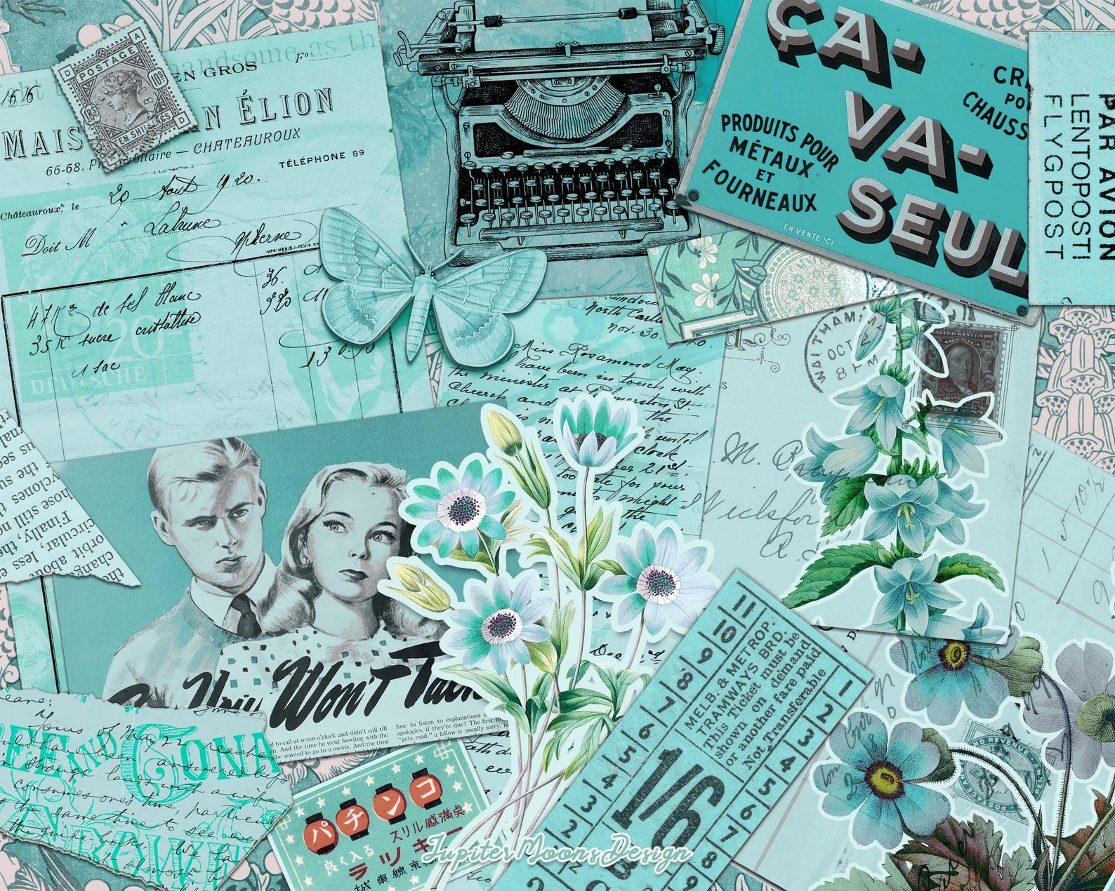 Pale Cyan Vintage Ephemera | DIGITAL DOWNLOAD | Junk Journal | Pastel ...
