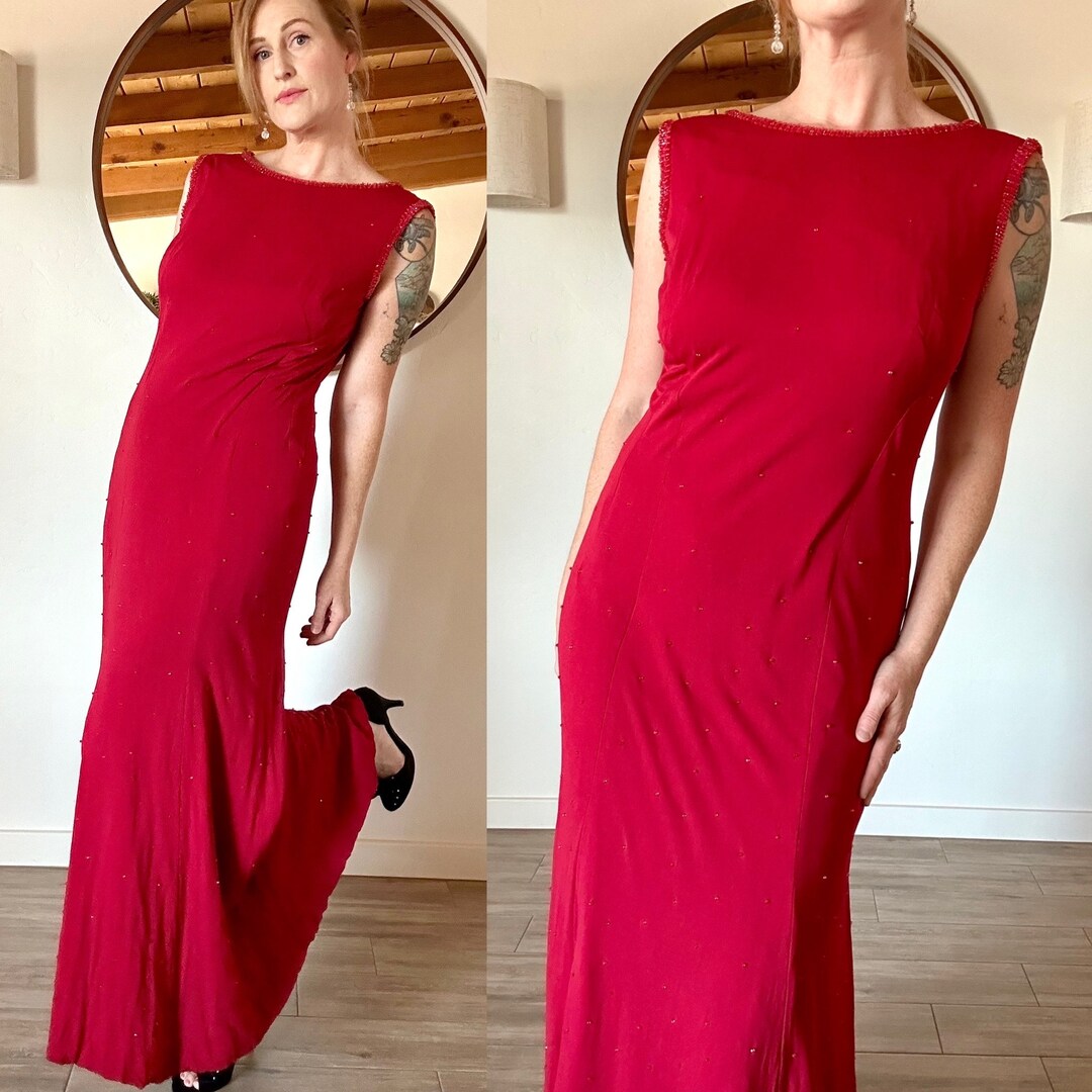 Vintage 60's Bespoke Formal Evening Gown Cardinal Red Beaded Sleeveless ...