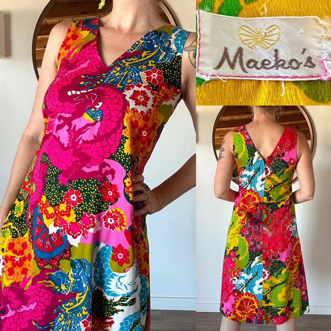 Vintage 70's Maeko's Psychedelic Dragon Sleeveless A-line Dress Fits S-S/M - Etsy