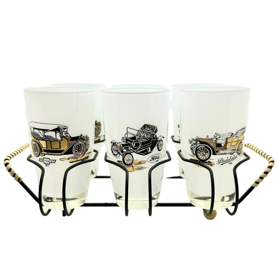 Vintage MCM Hazel Atlas Classic Car Bar Set Milk Glass Highball ...