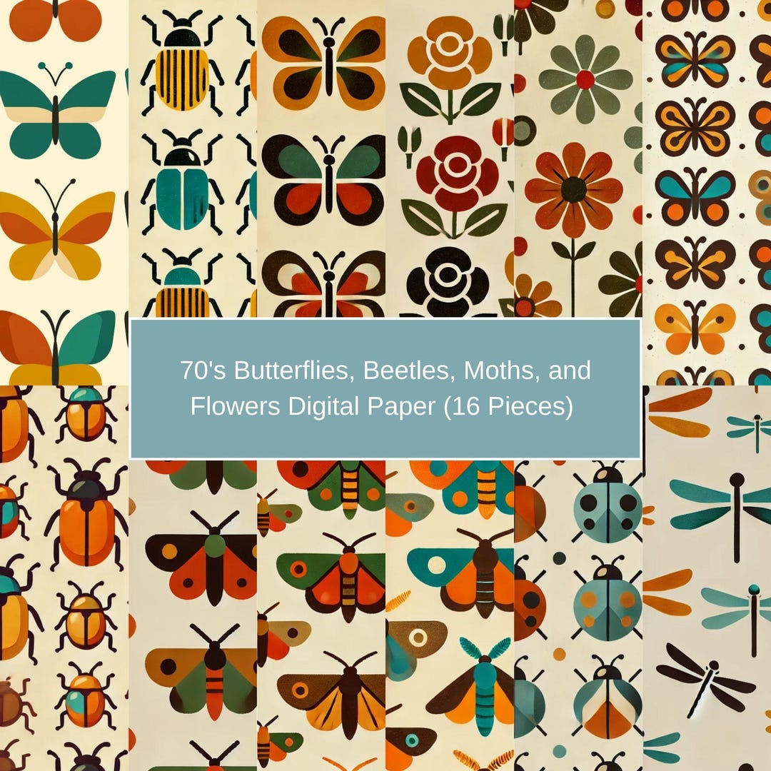 70's Butterflies, Beetles, Moths, and Flowers Digital Paper (16 Pieces ...