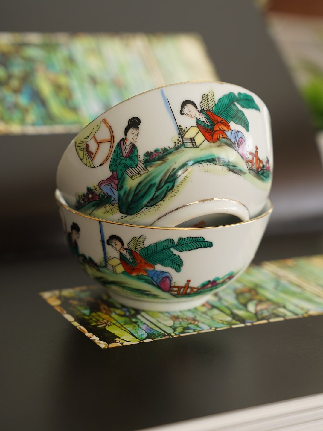 Pair of Vintage Porcelain Rice Bowls, Hand-painted and Delicate, Mid ...