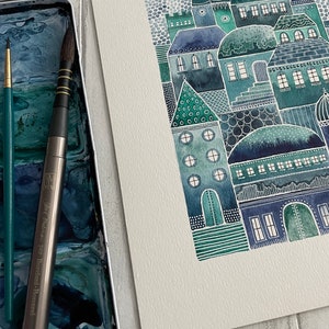 A4 Giclée Print Aqua Town Print, Watercolour Print, Village Scene ...
