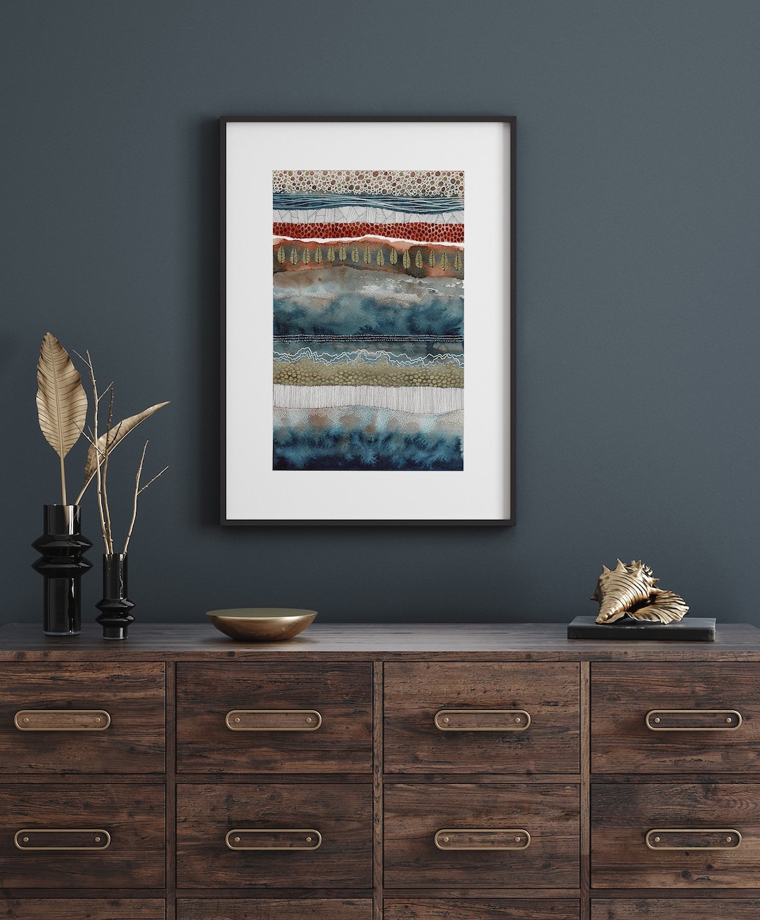 Blue & Gold Stripe Abstract Art Print - Modern Giclée, A3 - Etsy