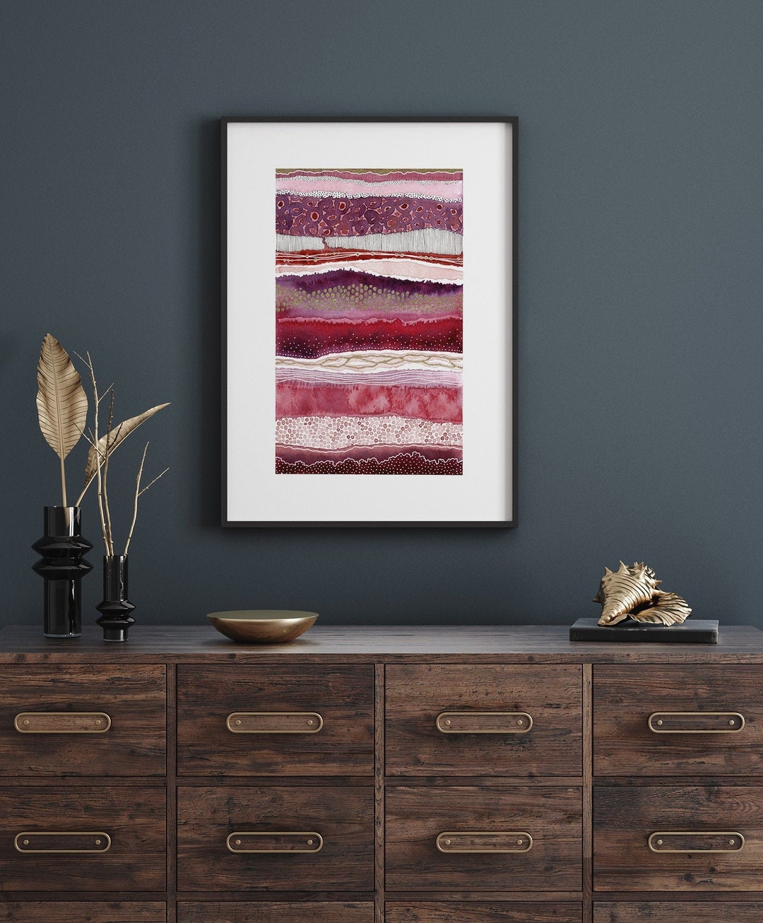 Magenta Watercolor Stripe Art Print – A3 Jeweled Pink & Gold Accent ...