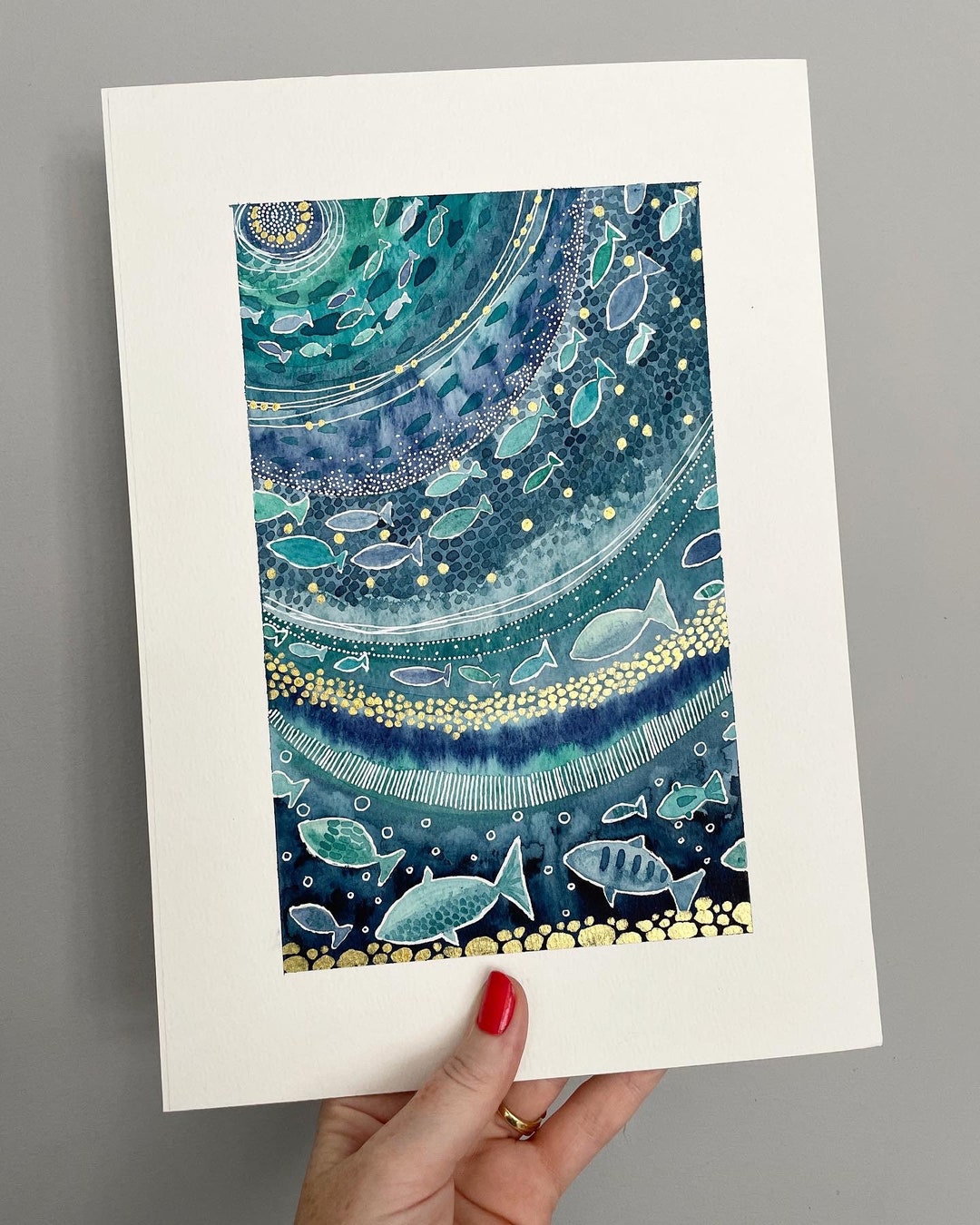 A4 Giclée Print - Underwater Fish Shoal, Blue & Gold Sea Abstract ...