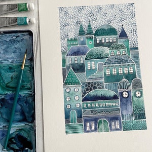 A4 Giclée Print Aqua Town Print, Watercolour Print, Village Scene ...
