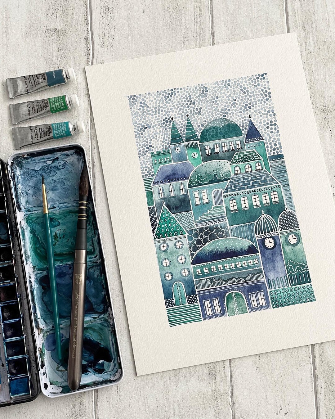 A4 Giclée Print Aqua Town Print, Watercolour Print, Village Scene ...