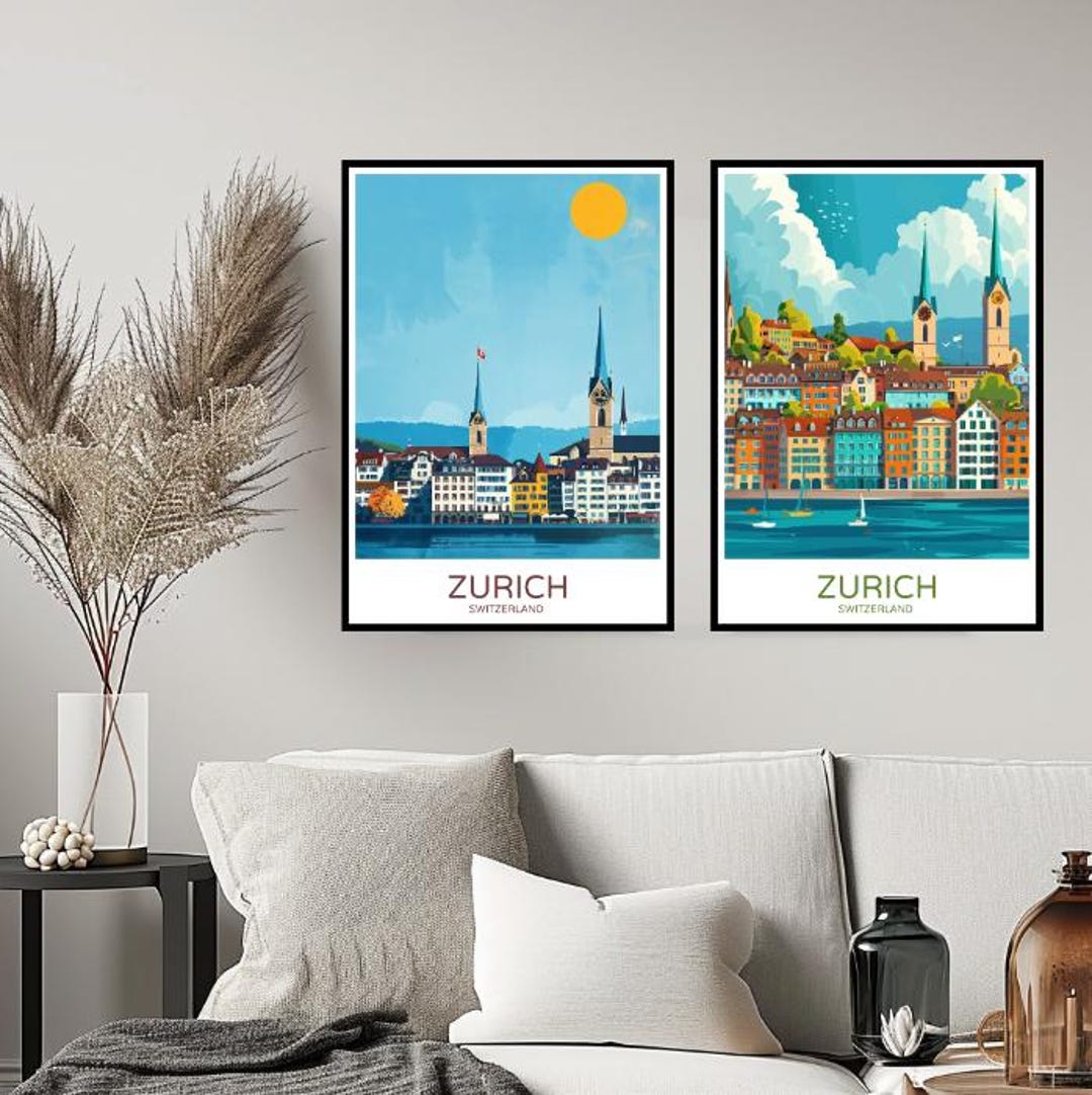 Zurich Skyline Swiss Poster Travel Print Zürich Alps Mountains Lake ...