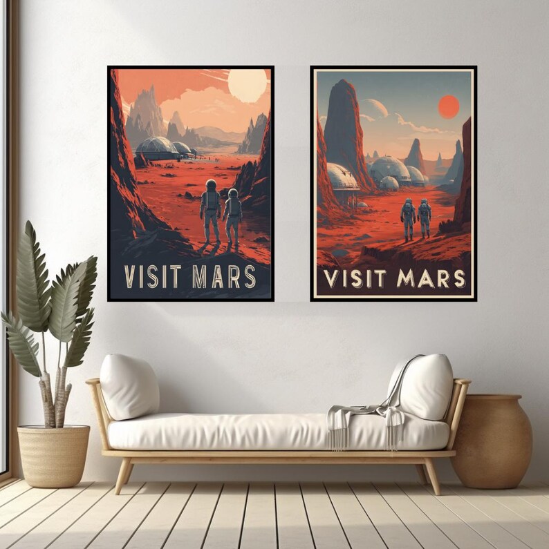 Visit Mars Poster - Futuristic Sci-fi Travel Print - Red Planet Wall ...