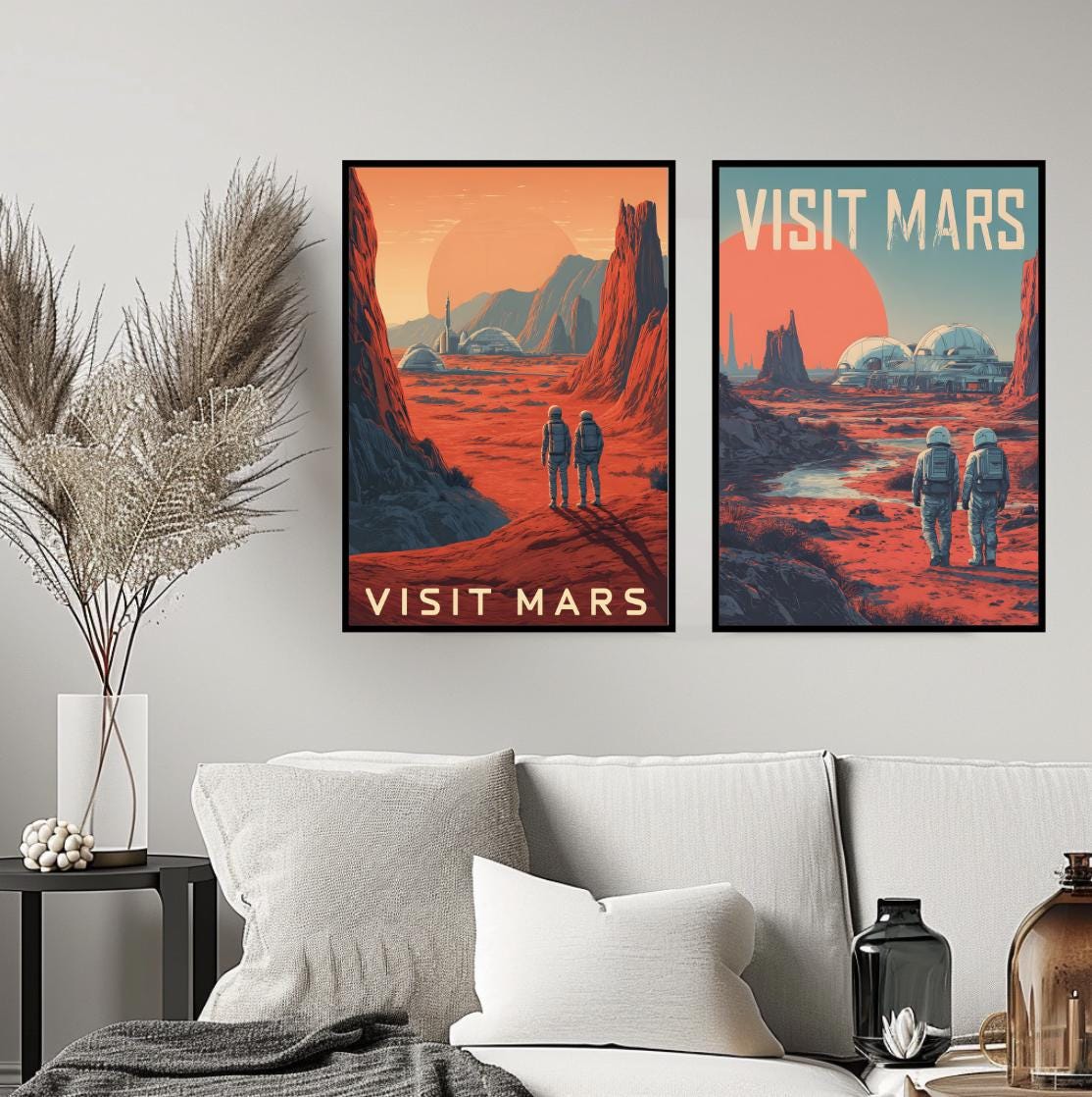 Visit Mars Poster - Futuristic Sci-fi Travel Print - Red Planet Wall ...