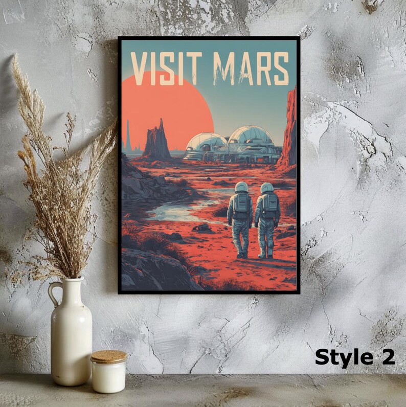Visit Mars Poster - Futuristic Sci-fi Travel Print - Red Planet Wall ...