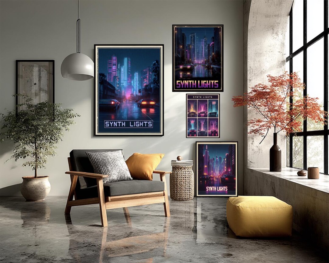 Synth City Lights Retro Vaporwave Poster With Neon Skyscrapers, Wet ...