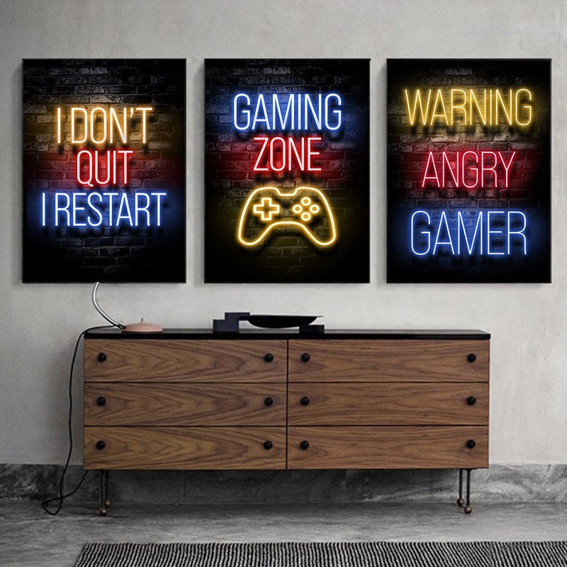 Gaming Neon Wall Poster, I Don't Quit I Restart Canvas Poster Wall ...