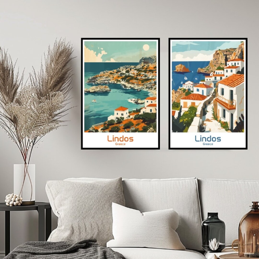 Lindos Greece Poster Travel Print Wall Acropolis in Rhodes Lindos ...