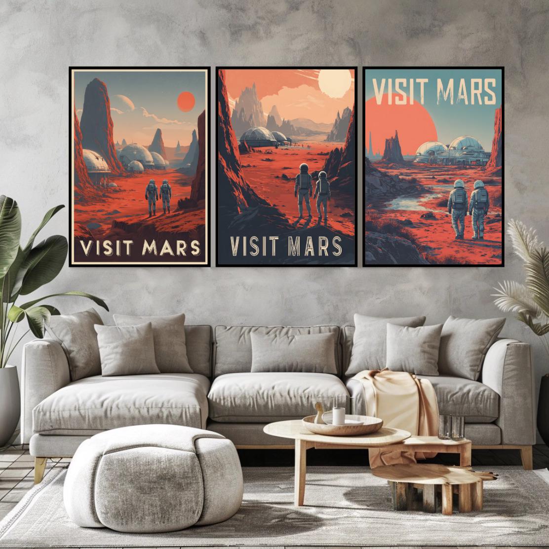 Visit Mars Poster - Futuristic Sci-fi Travel Print - Red Planet Wall ...