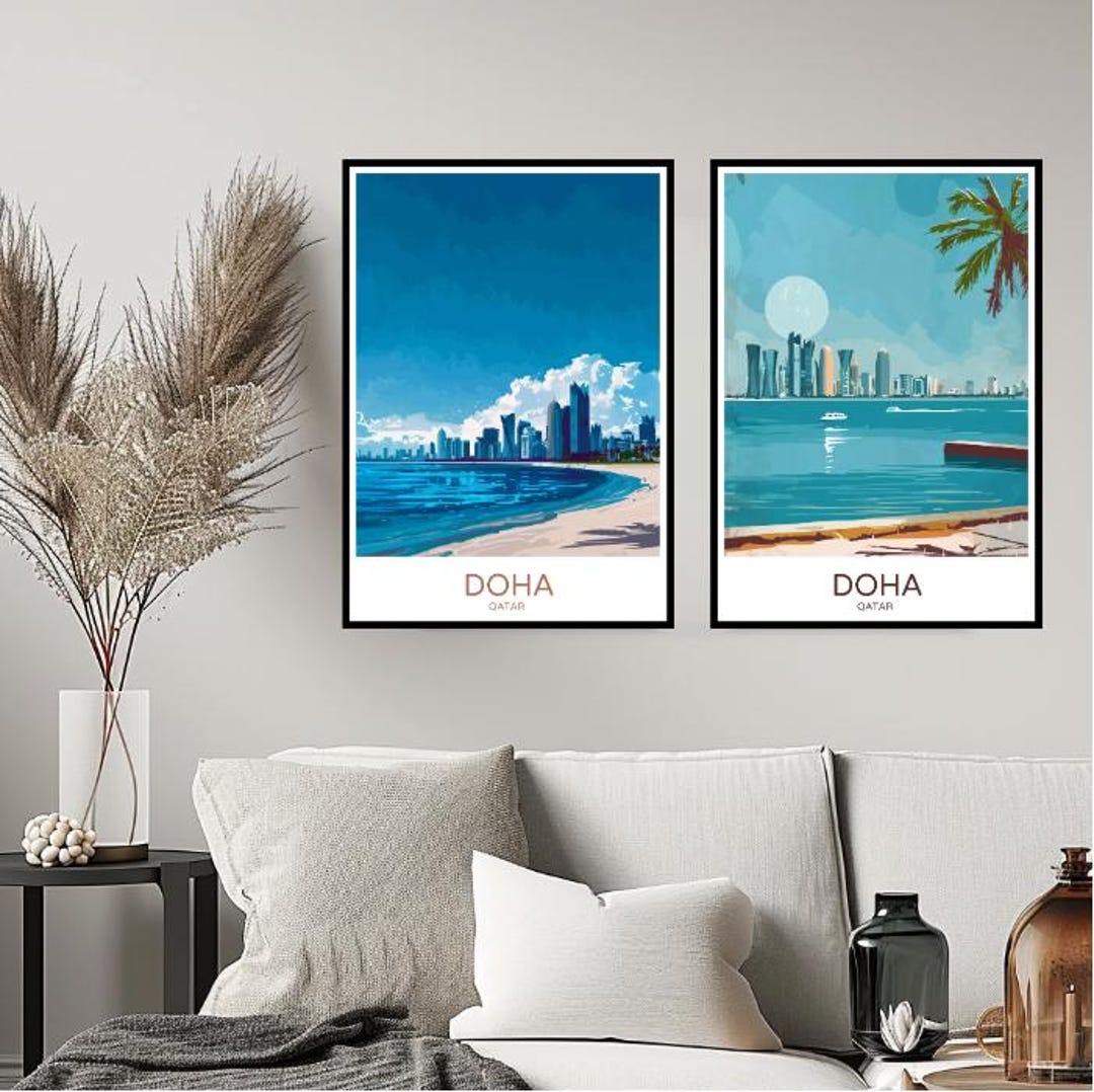Doha Skyline Qatar Poster Travel Print Doha Persian Gulf Sunset Wall ...
