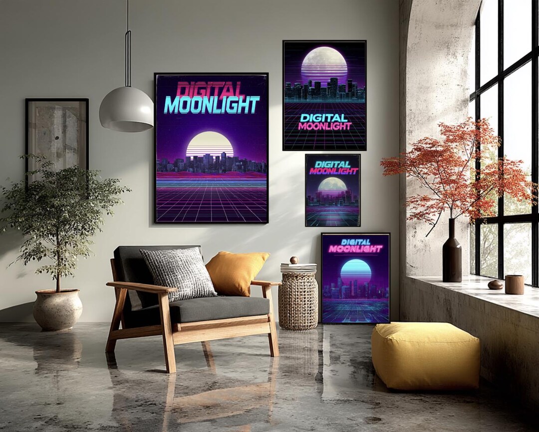 Digital Moonlight Vaporwave Poster Retro Synthwave Neon City Pixel Moon ...